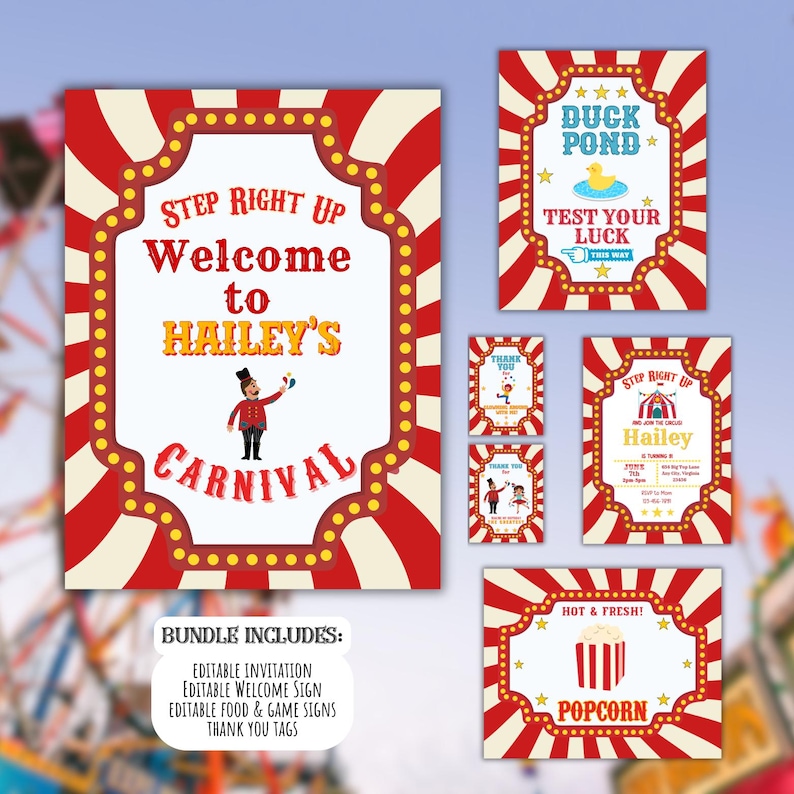 Carnival Party Sign Bundle Editable Circus Birthday Set: Poster ...