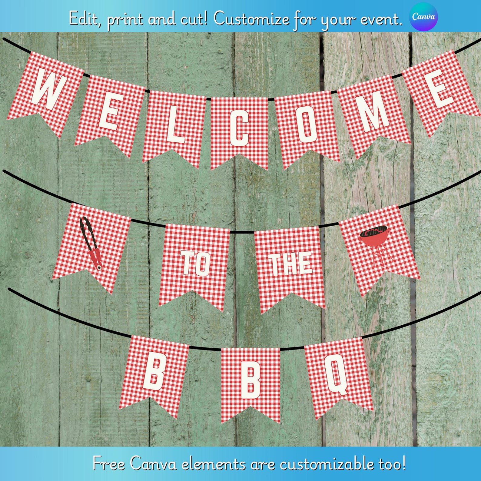 Red Gingham Banner Template: Editable Party Decor (digital Download) - Etsy