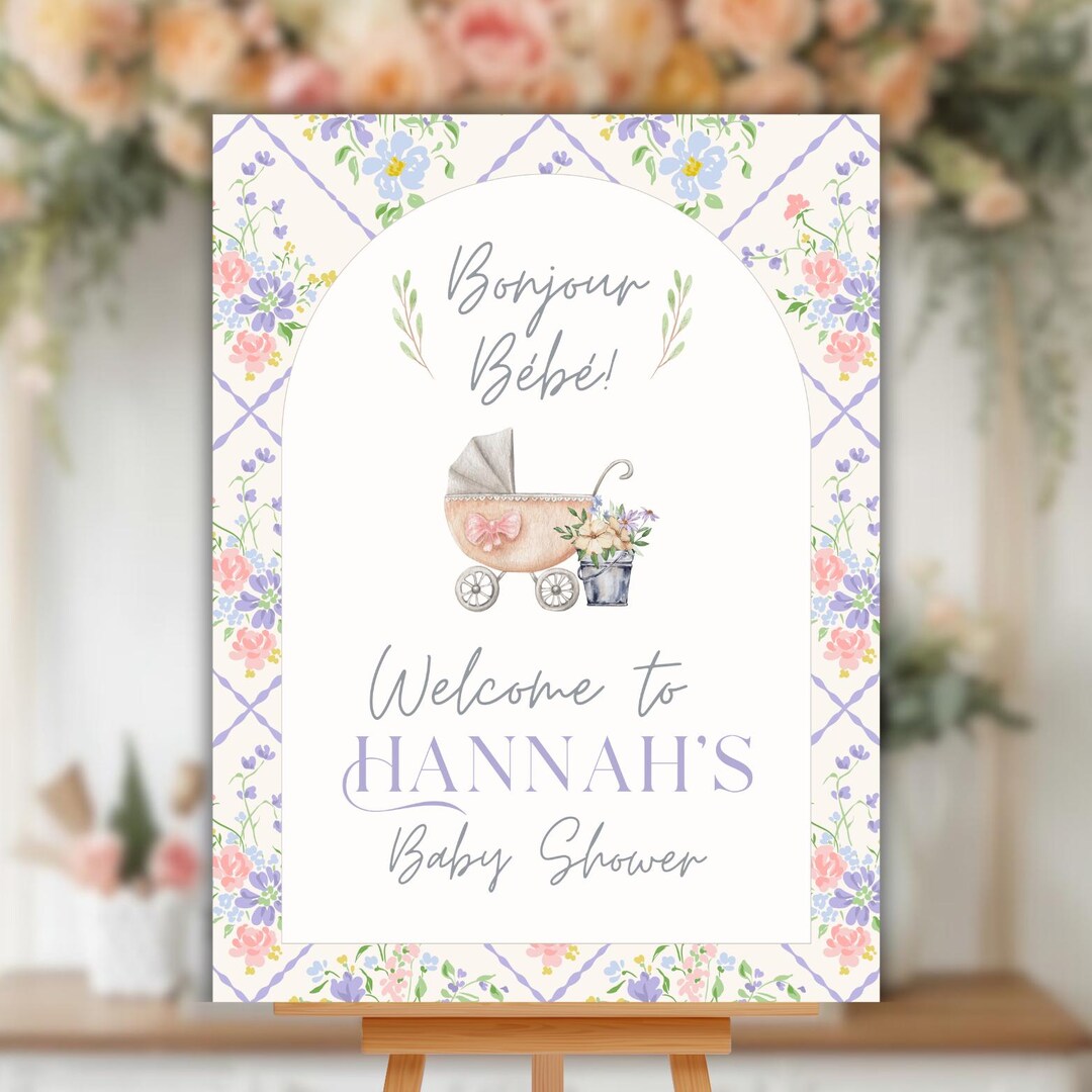Bonjour Bébé Welcome Sign, Parisian Shower Decor, Editable Floral Canva ...