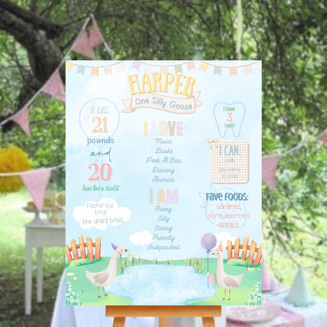 One Silly Goose 1st Birthday Milestone Board Editable Canva Template ...