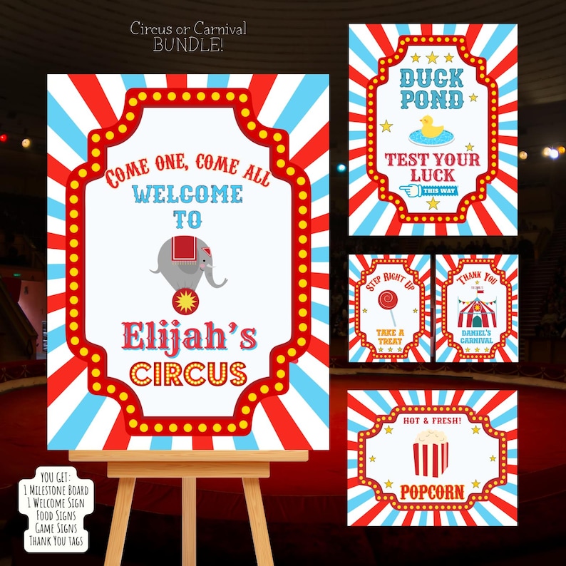 Carnival Party Sign Bundle Editable Circus Birthday Set: Poster ...
