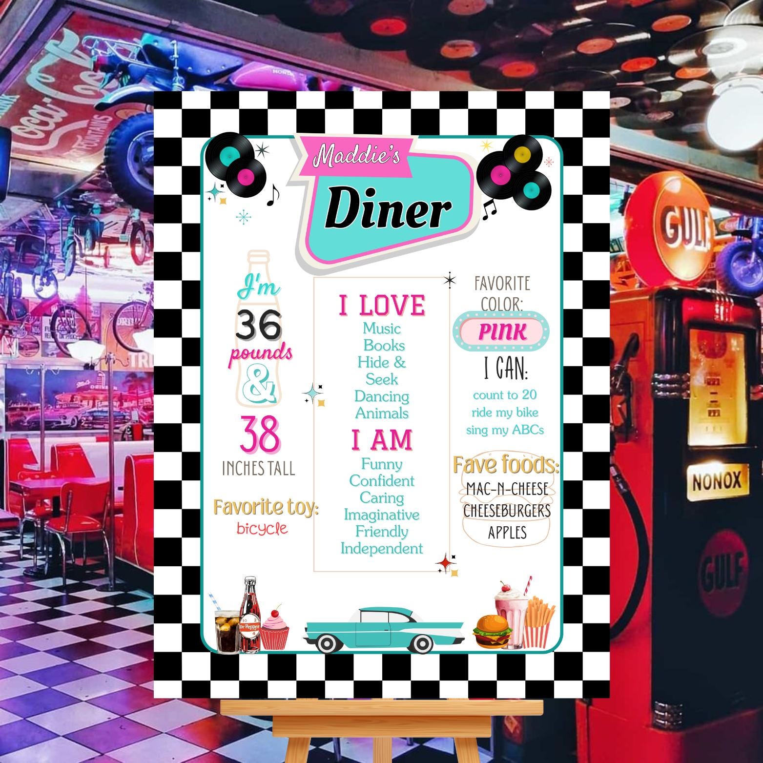50s Diner Birthday Milestone Board Editable Canva Template Pink ...