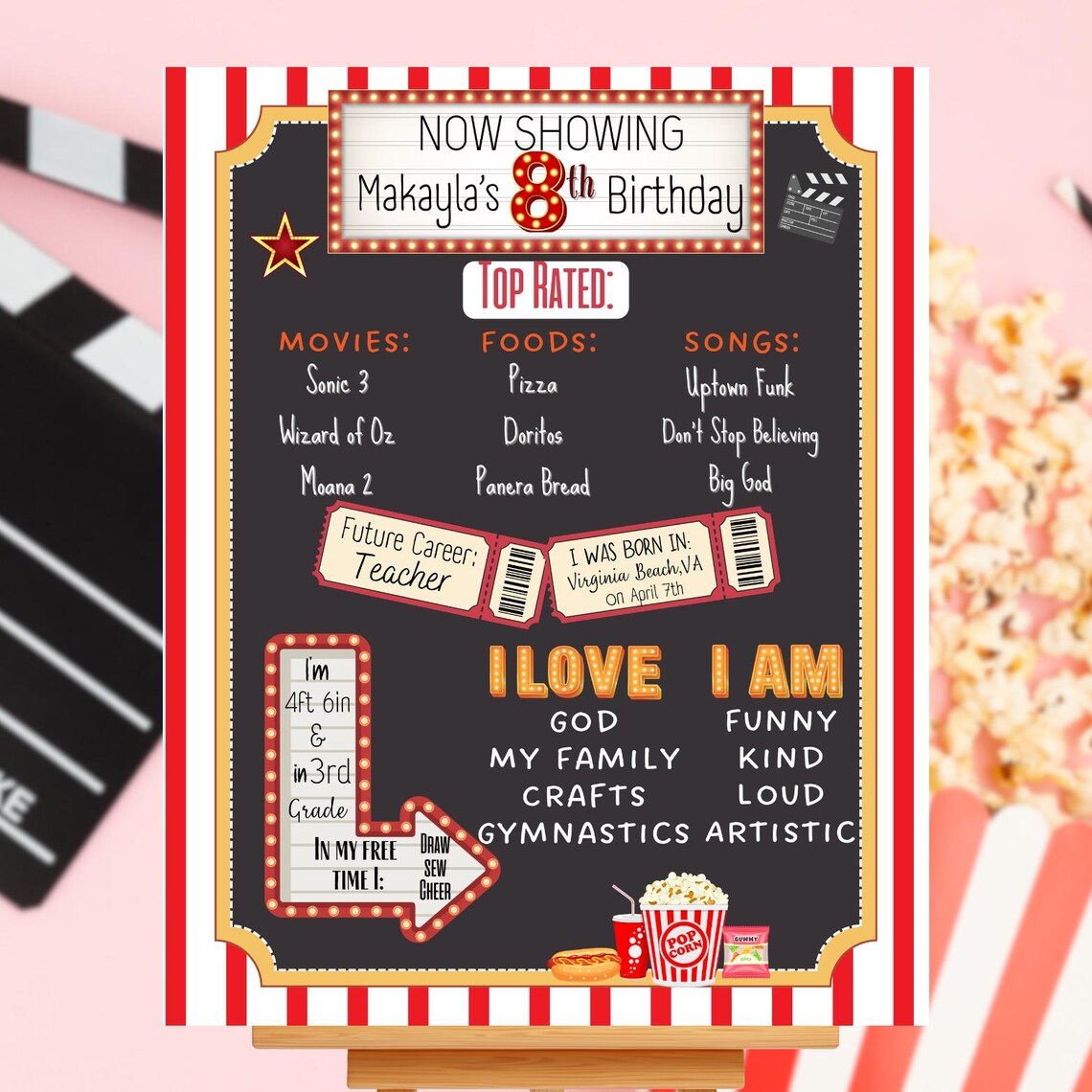 Movie Theater Movie Night Cinema Birthday Board Editable Sign| Editable ...