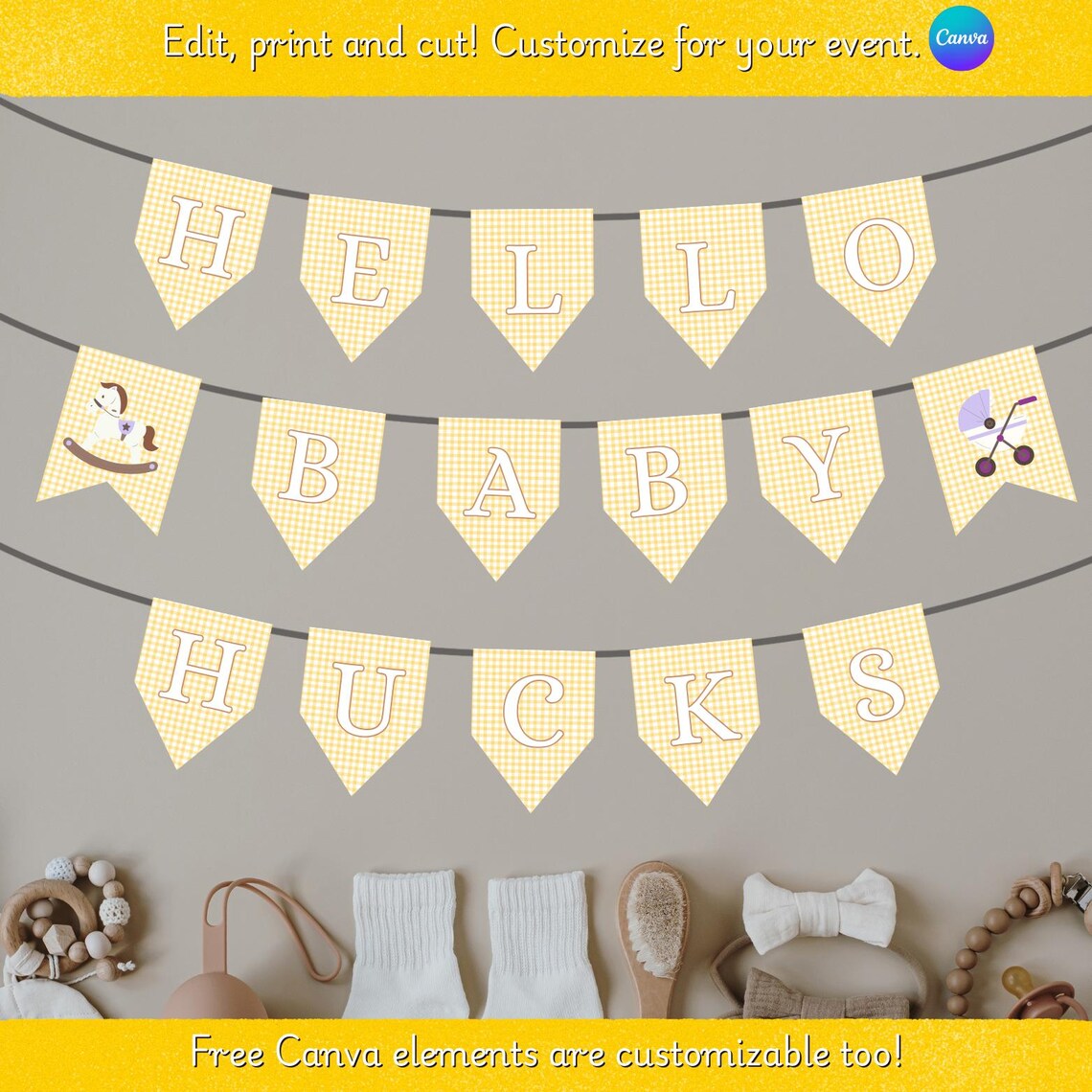 Yellow Banner Editable Template Birthday Banner Baby Shower Decor ...