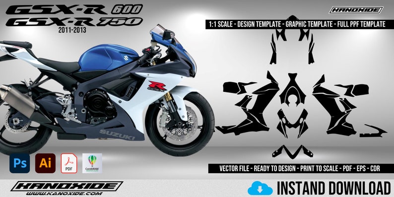 SUZUKI GSXR 600 750 11-13 1.1 Scale Template Design Vector Digital ...
