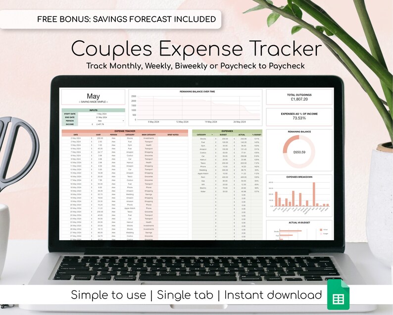 Family and Couples Expense Tracker Spreadsheet, Google Sheets Template ...