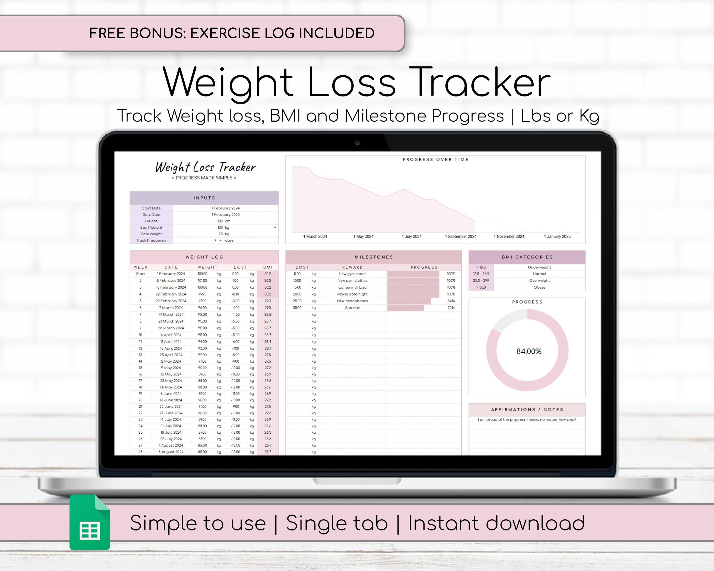 Weight Loss Tracker for Google Sheets, Daily Weekly Weigh-in Chart ...