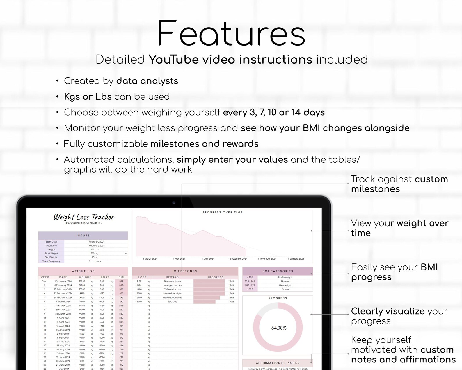 Weight Loss Tracker for Google Sheets, Daily Weekly Weigh-in Chart ...