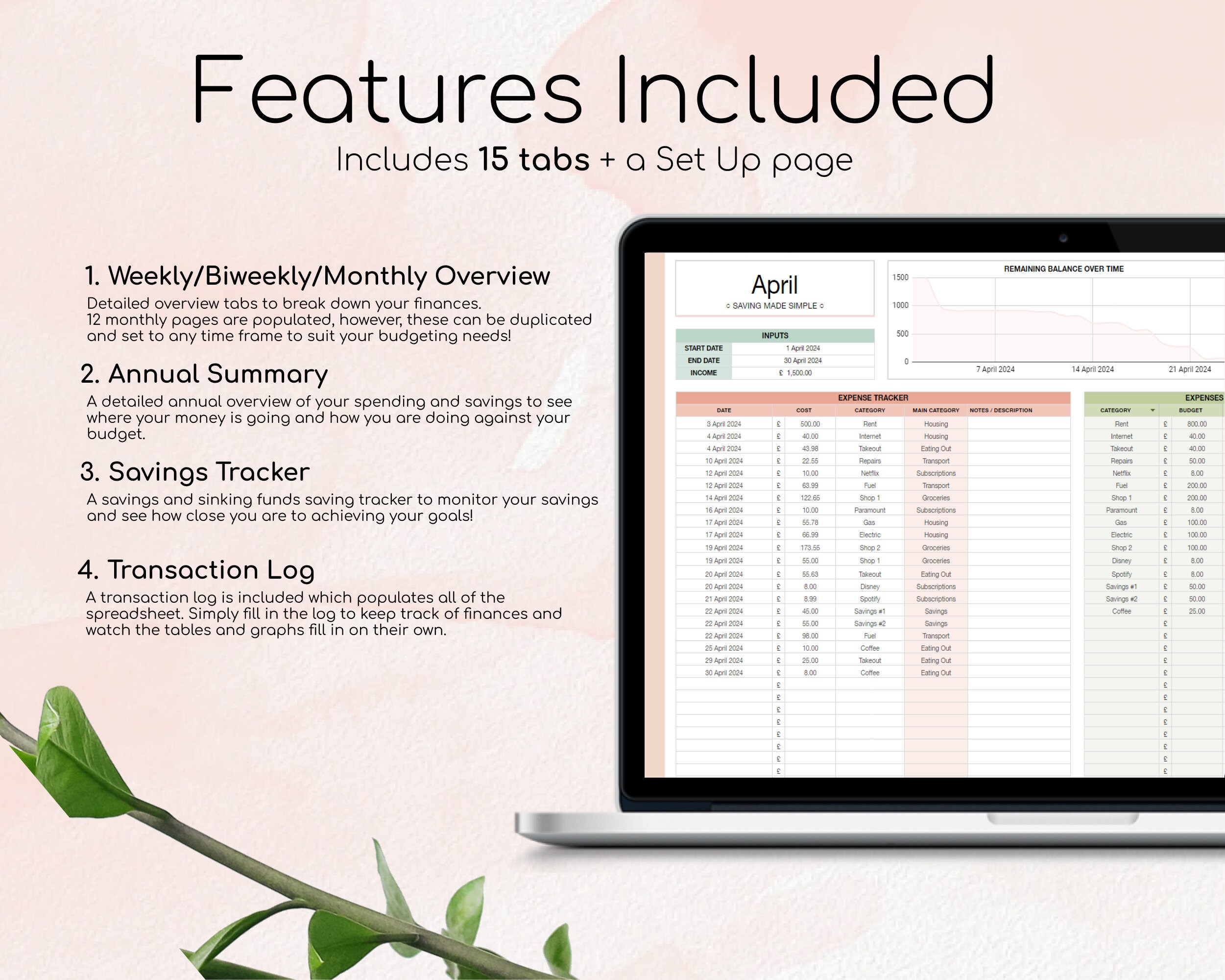Annual Expense Tracker Spreadsheet for Google Sheets, Expense Tracker Template, Personal Finance ...