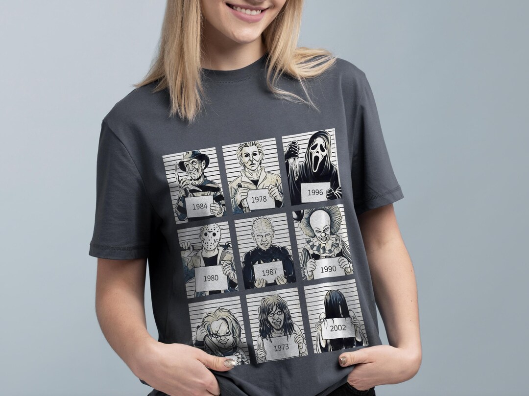 Iconic Horror Villains in Jail Softstyle Unisex Tee Retro Movie Posters ...