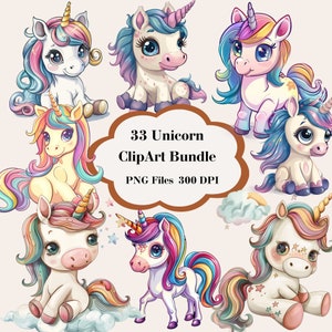 33 Baby Unicorn Clipart Bundle, Unicorn PNG Bundle, Rainbow Unicorn ...