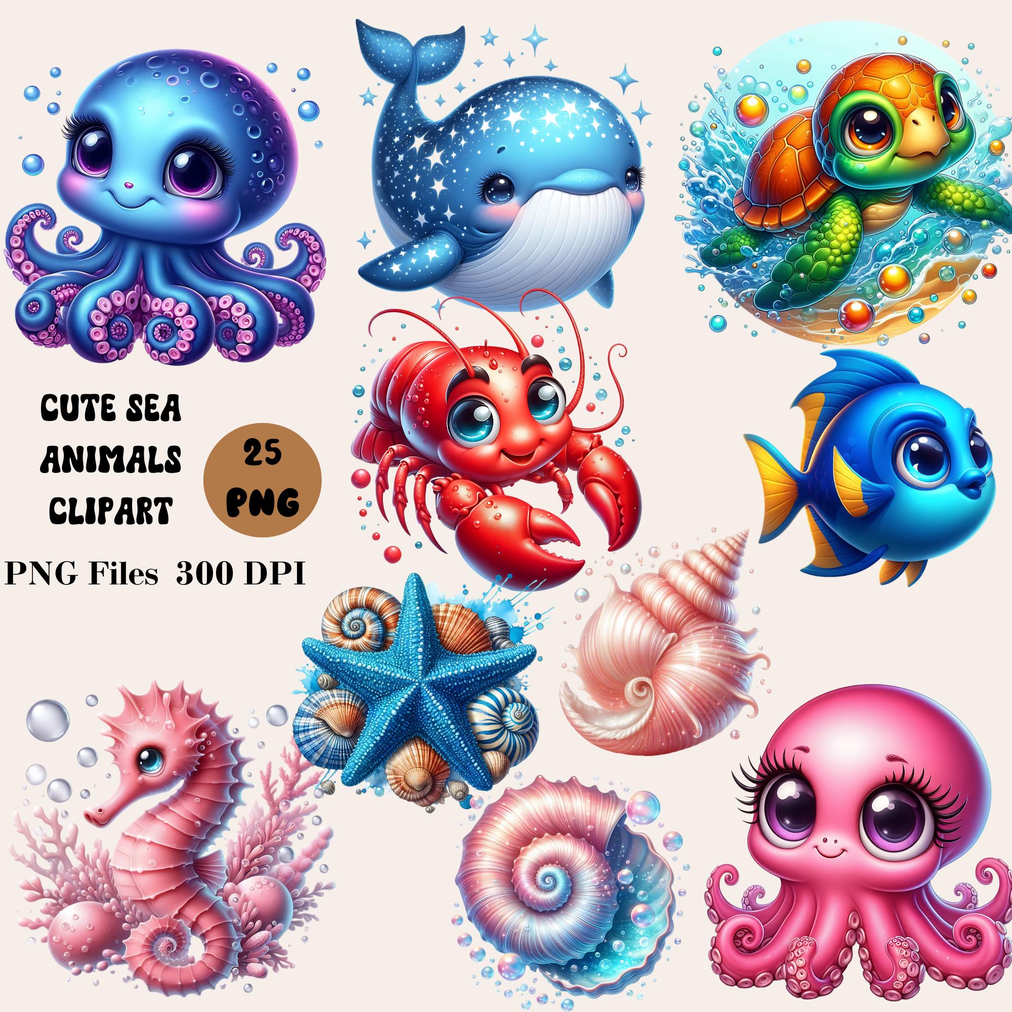 25 Cute Sea Animals Clipart, Ocean Animals Clipart, Under the Sean ...