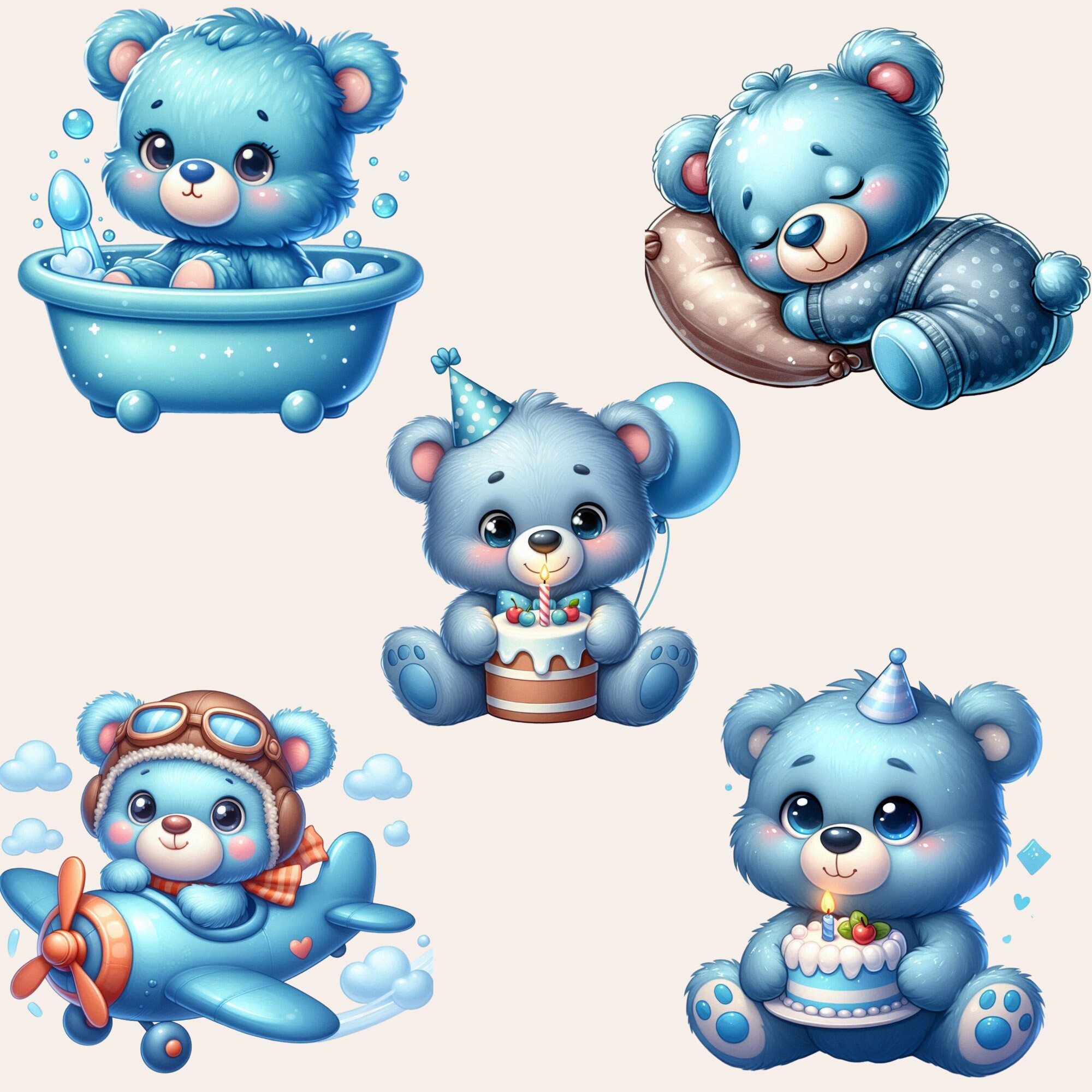 33 Blue Teddy Bear Clipart, Sleeping Teddy Clipart Bundle, Hot Air ...