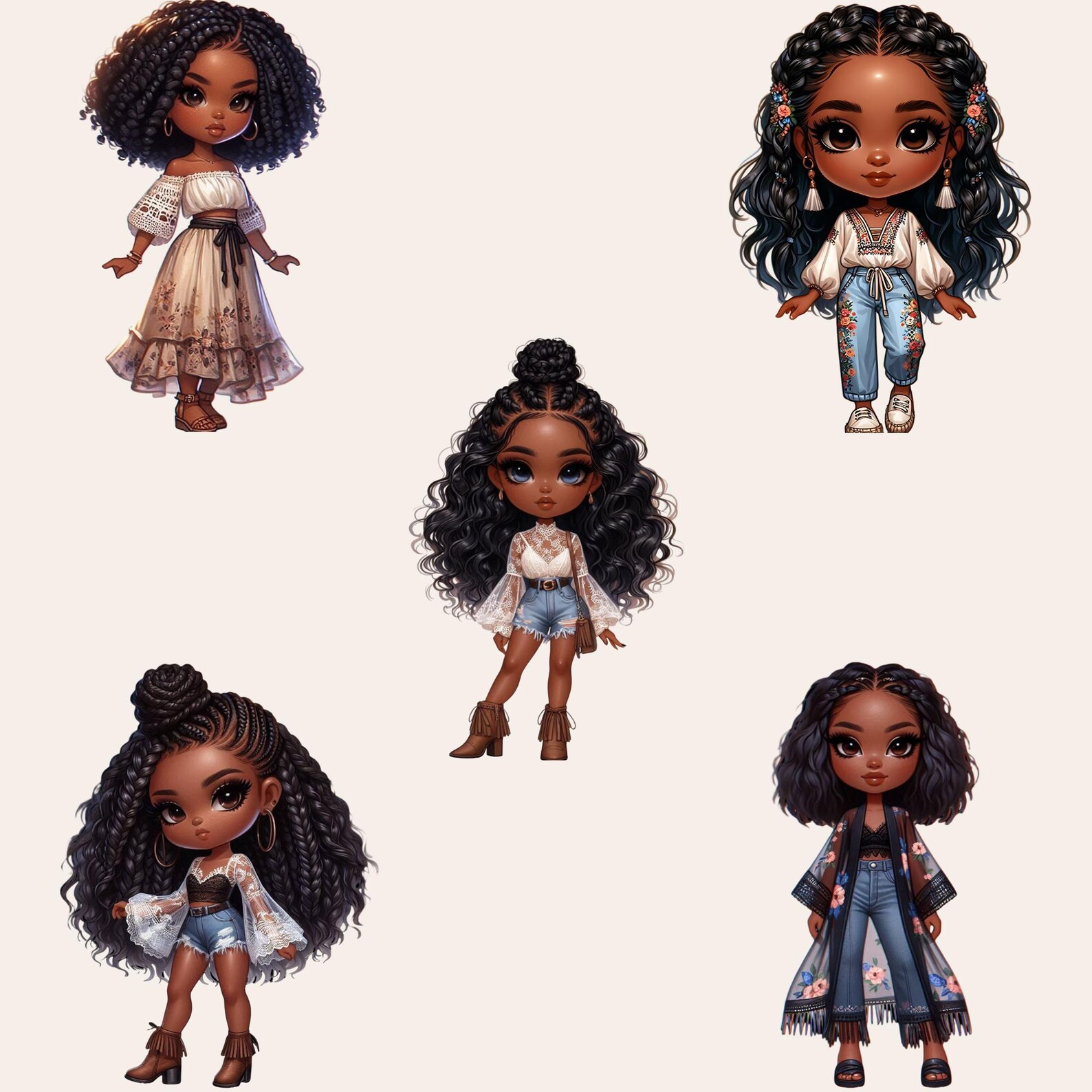 34 Boho Chibi Girl Clipart, Black Chibi Girl PNG, Afro Chibi Girl ...