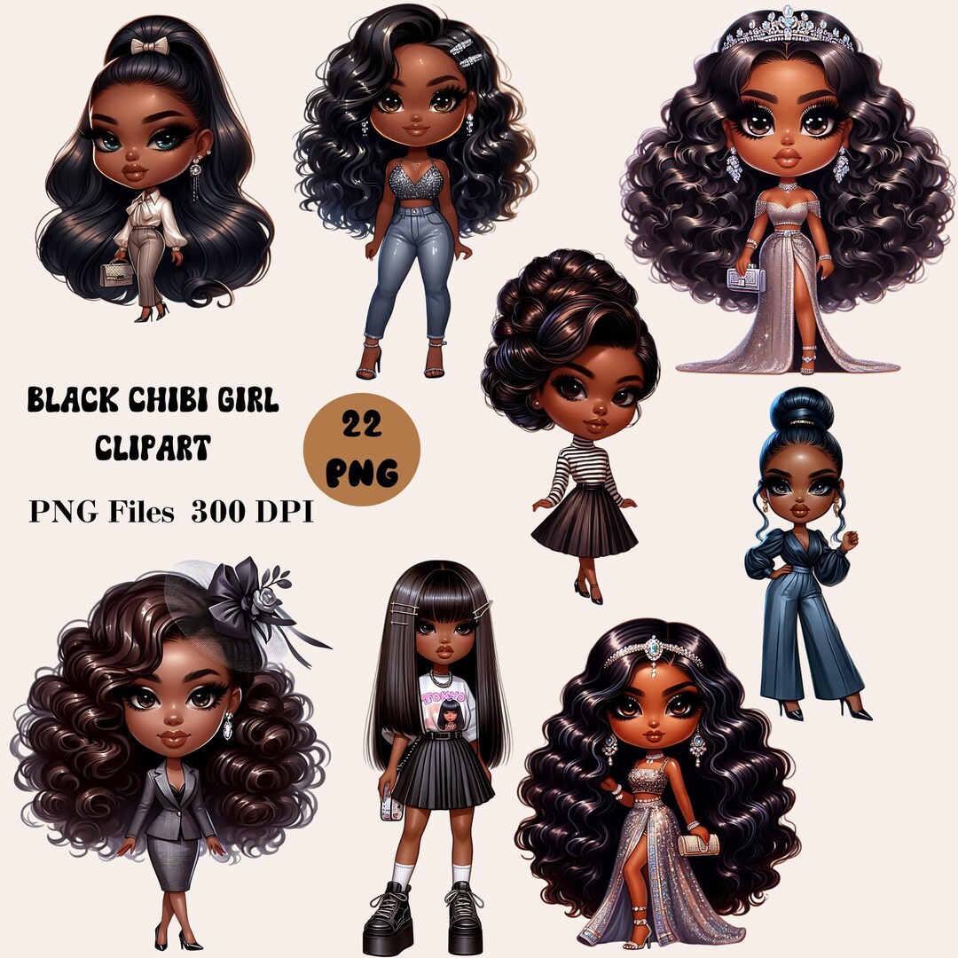 22 Black Chibi Girl Clipart, Afro American Chibi Girl Clipart, Chibi ...
