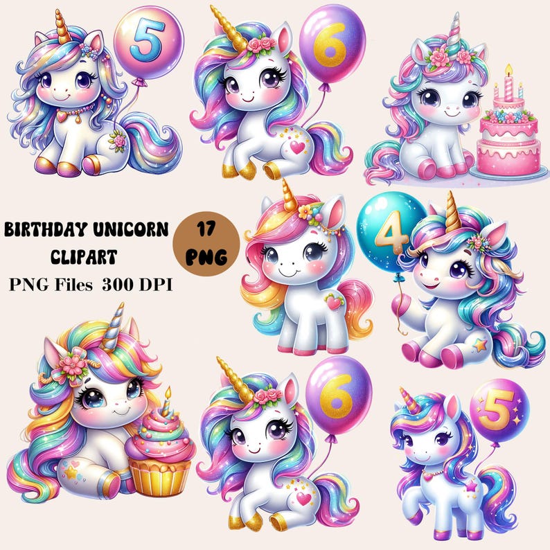 17 Birthday Unicorn Clipart, Cute Baby Unicorn PNG, Birthday Unicorn ...