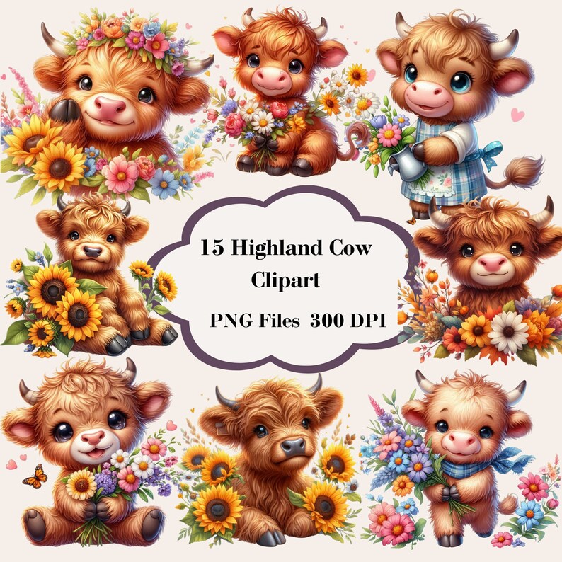 15 Highland Cow Clipart Bundle, Highland Cow With Flowers PNG, Spring ...