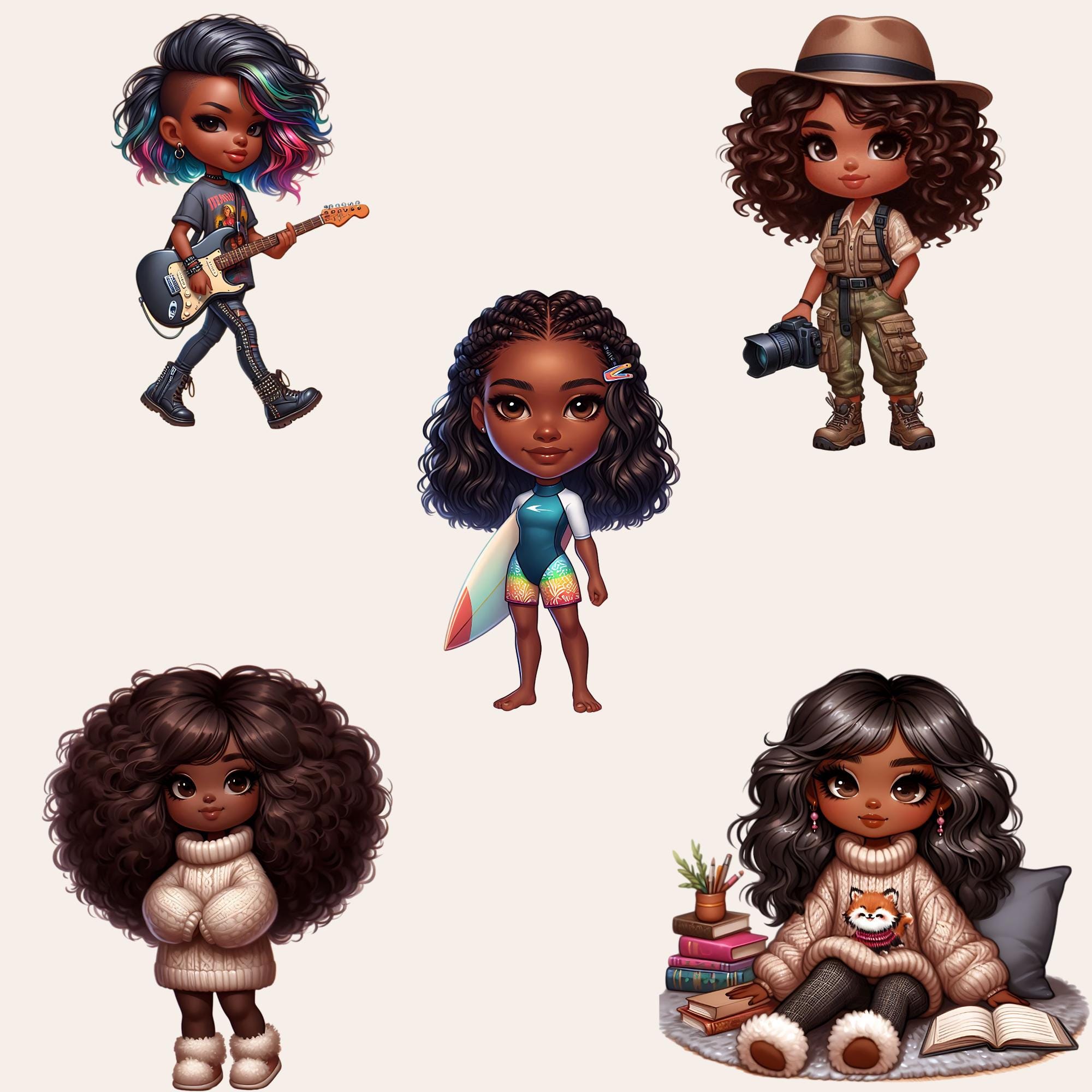 31 Afro American Chibi Girl Clipart, Chibi Doll Clipart, Black Chibi ...