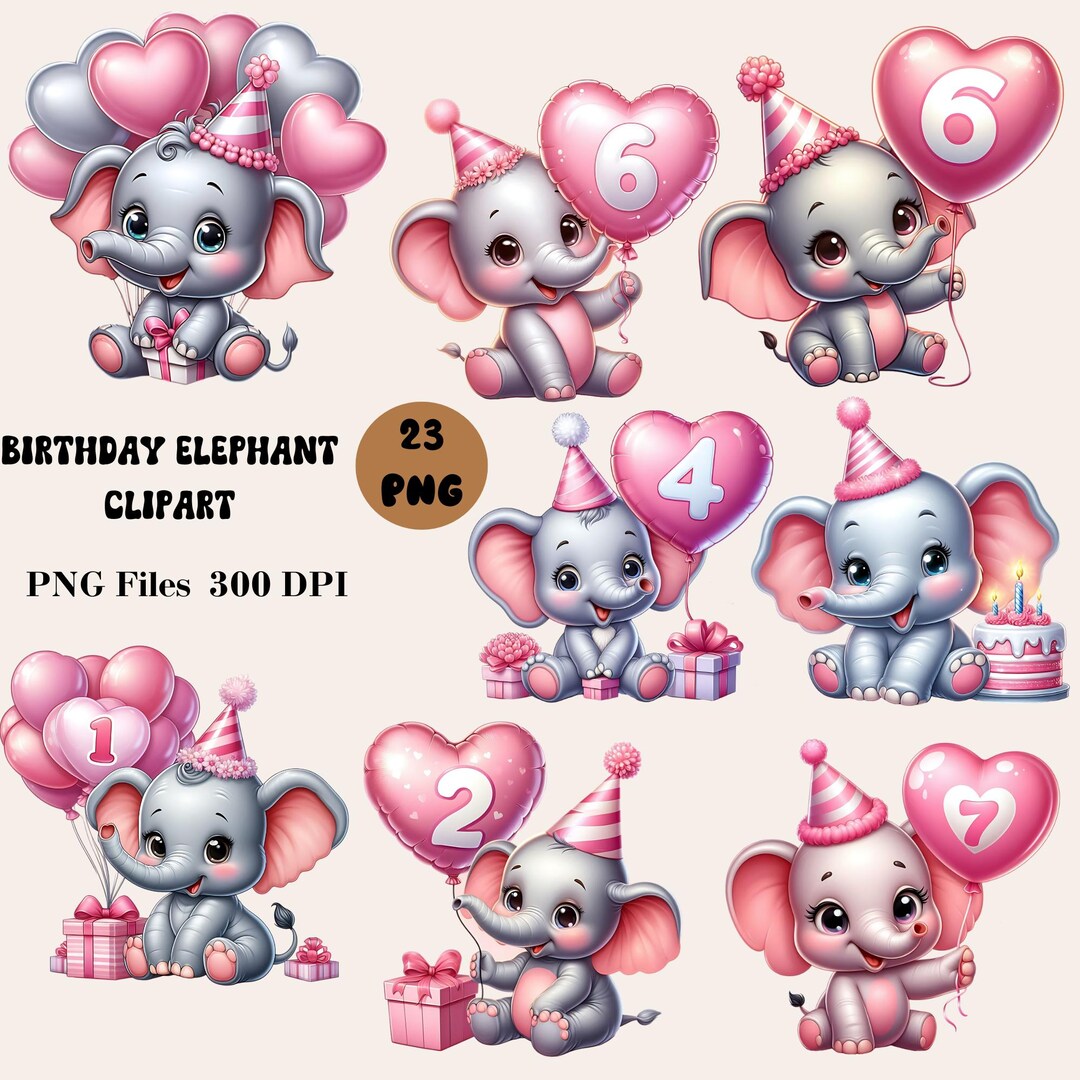 23 Birthday Elephant Clipart, Pink Elephant Clipart, Cute Elephant With ...