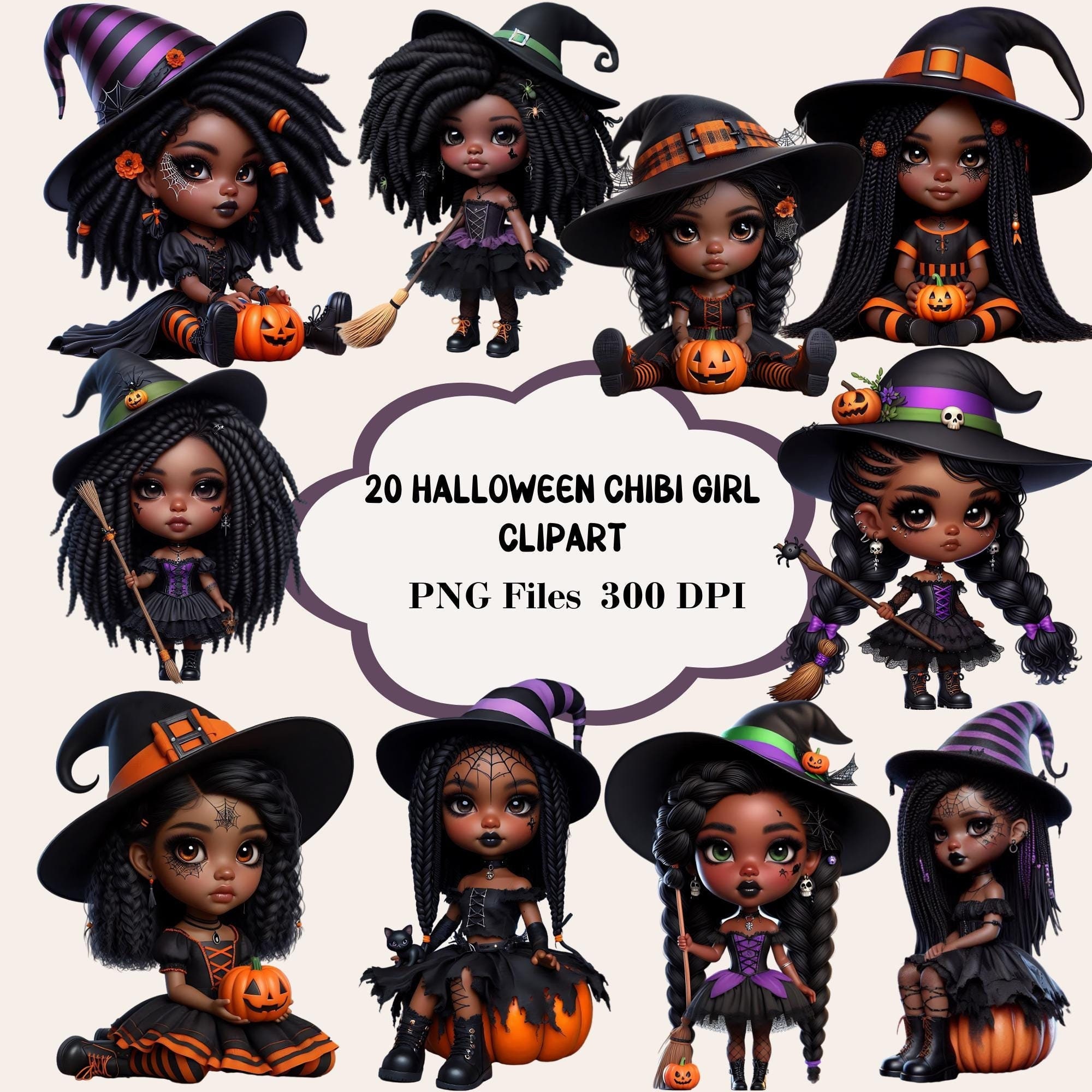 20 Halloween Chibi Girl Clipart, Chibi Clipart Bundle, Witch Chibi Girl ...