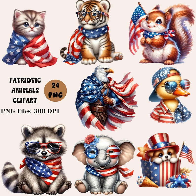 24 Patriotic Animals Clipart, 4th July Animals Clipart, 4th of July PNG ...
