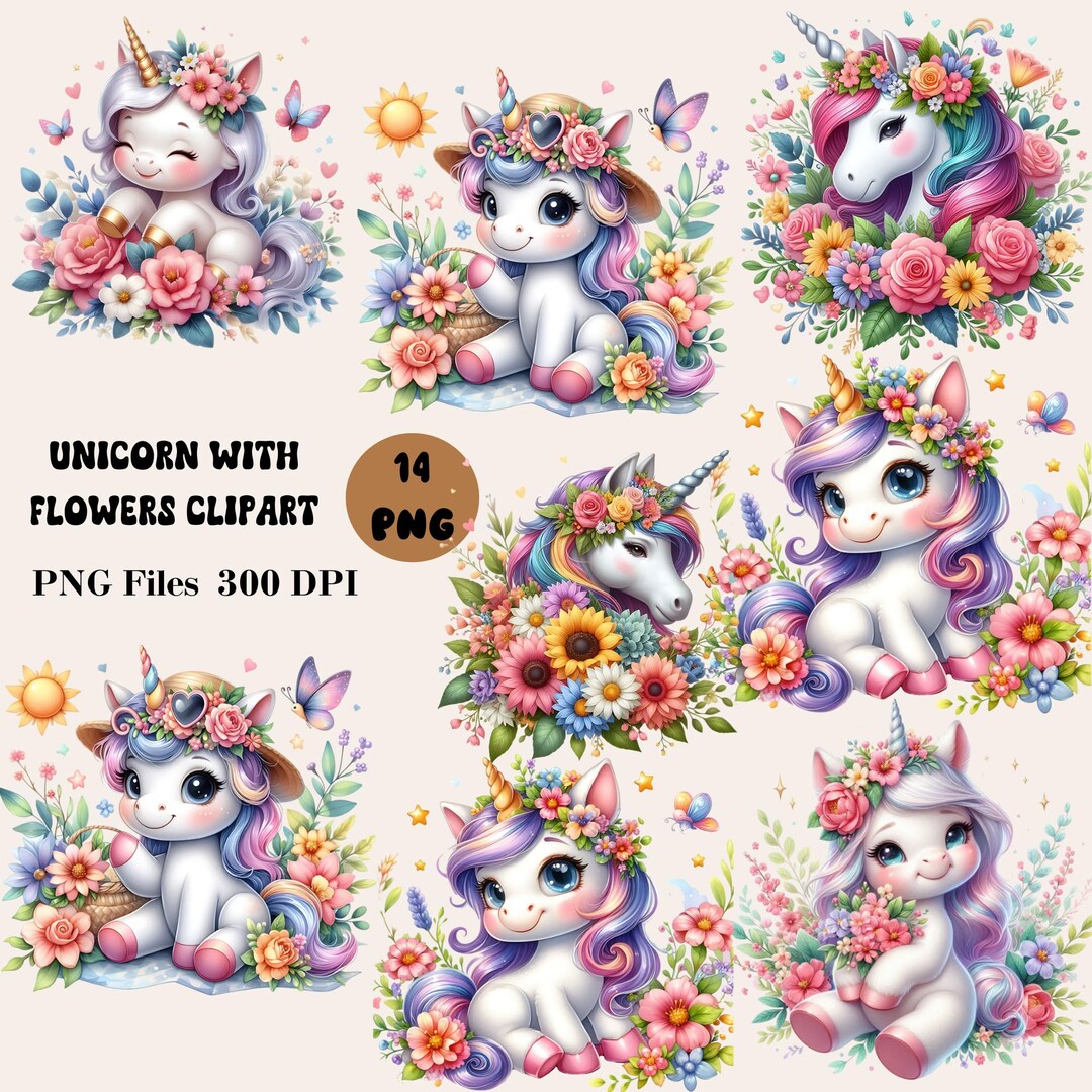 14 Unicorn With Flowers Clipart, Baby Unicorn Clipart, Cute Unicorn PNG ...