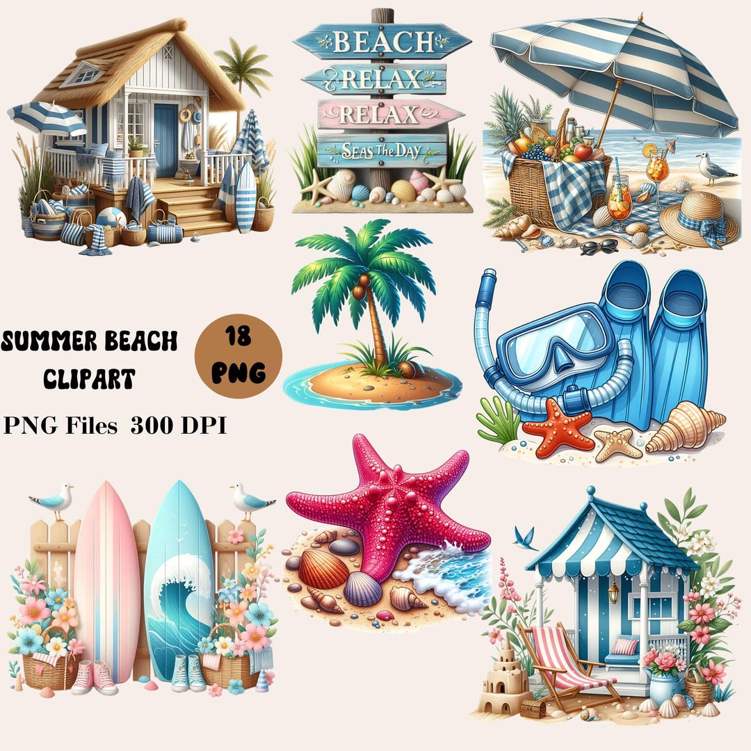 18 Blue Summer Beach Clipart, Blue Beach Clipart, Ocean PNG Bundle ...