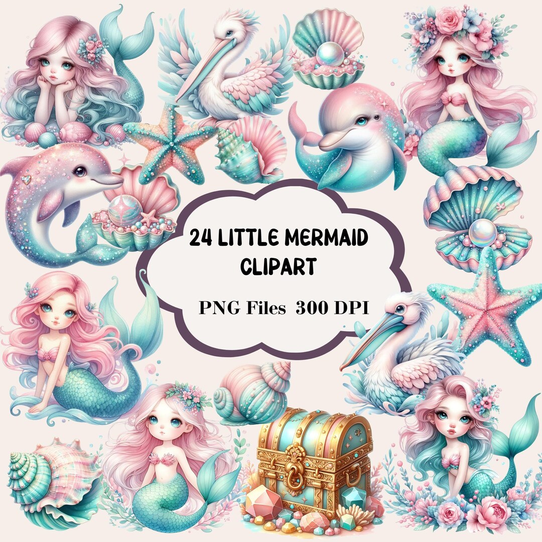 24 Little Mermaid Clipart, Cute Mermaid PNG, Under the Sea Clipart ...