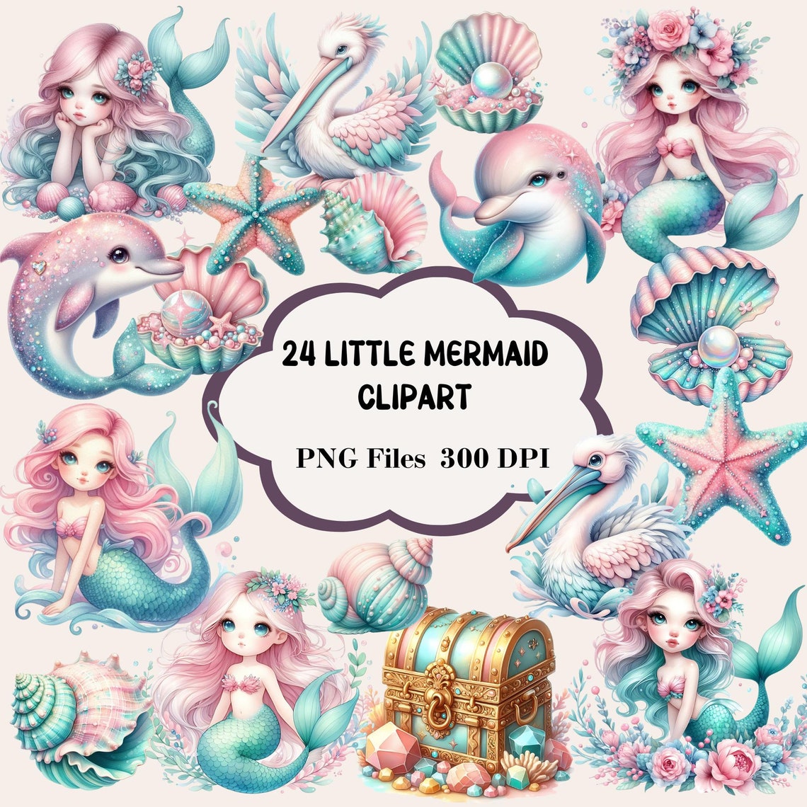 24 Little Mermaid Clipart, Cute Mermaid PNG, Under the Sea Clipart ...