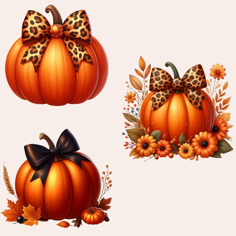 12 Autumn Pumpkin Clipart, Pumpkin Coquette Bow Clipart, Fall Pumpkin ...