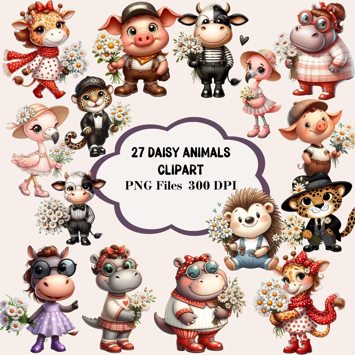 27 Daisy Animals Clipart, Animals Holding a Daisy Clipart, Cute Animals ...