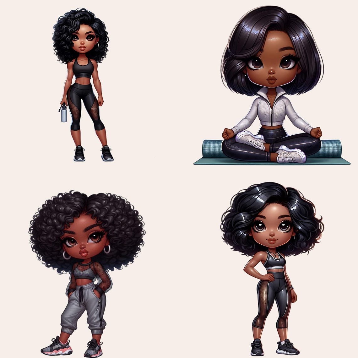 25 Sporty Chibi Girl Clipart, Black Chibi Girl Clipart, Afro American ...