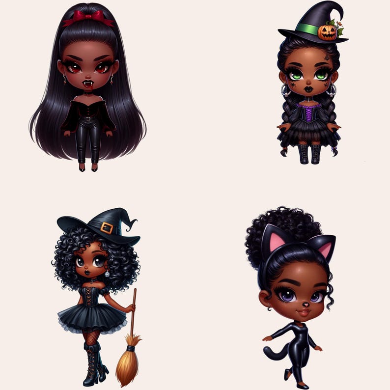 16 Halloween Chibi Girl Clipart, Afro American Chibi Girl PNG, Chibi ...