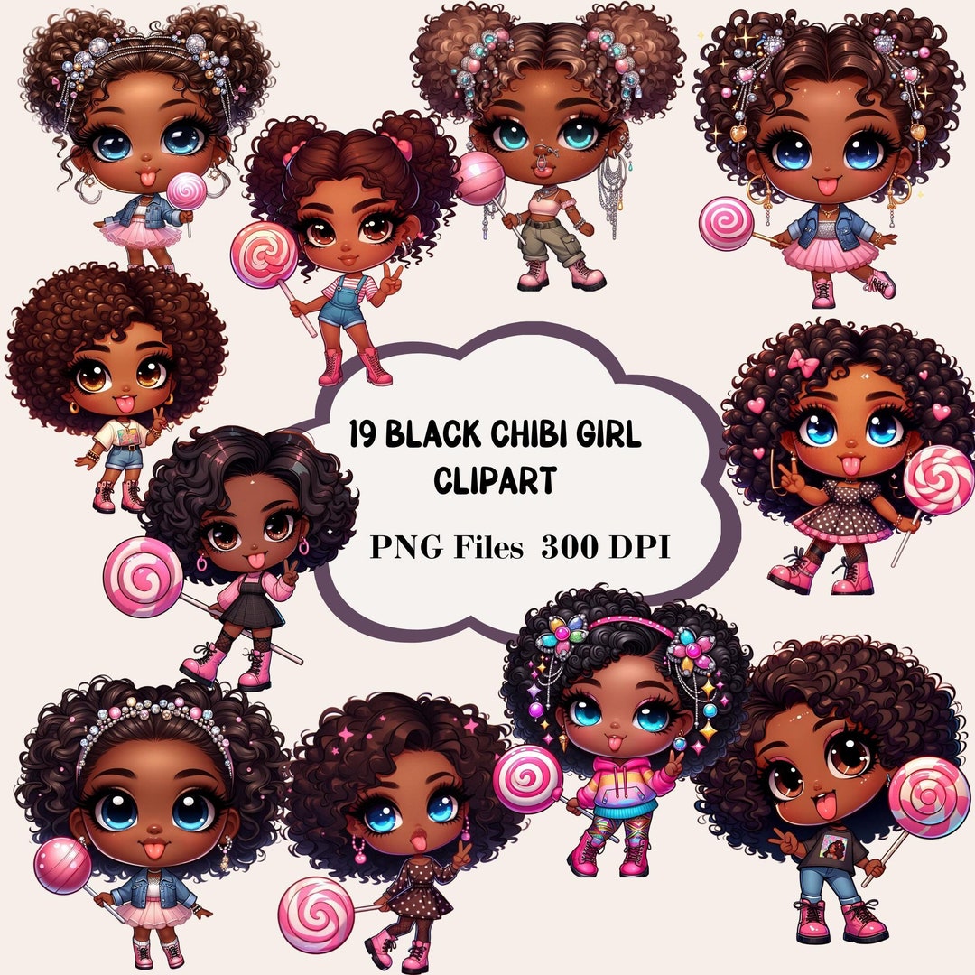 19 Black Chibi Girl Clipart, Cute Chibi Girl PNG, Afro American Chibi ...