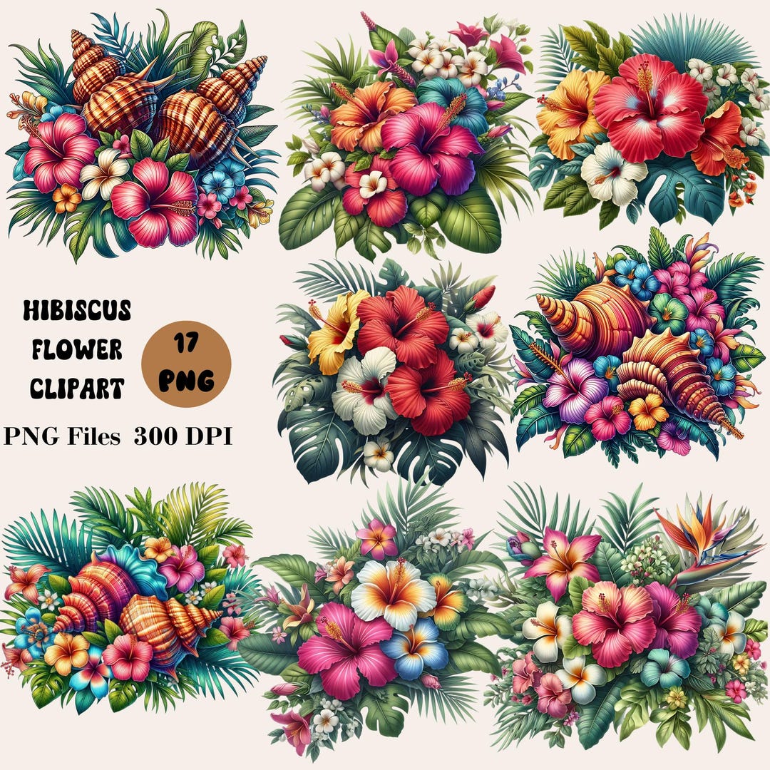17 Hibiscus Flower Clipart, Tropical Flowers Clipart, Summer Flowers ...
