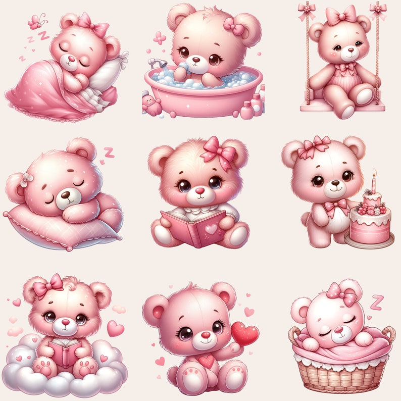 40 Pink Teddy Bear Clipart Bundle, Baby Shower Clipart for Girls ...