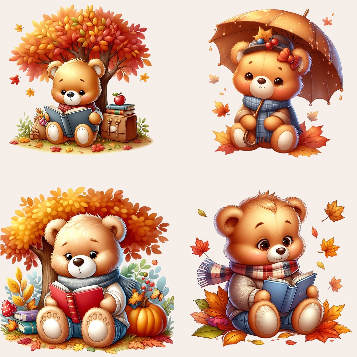 23 Fall Teddy Bear Clipart Bundle, Cute Teddy Bear PNG, Autumn Teddy ...
