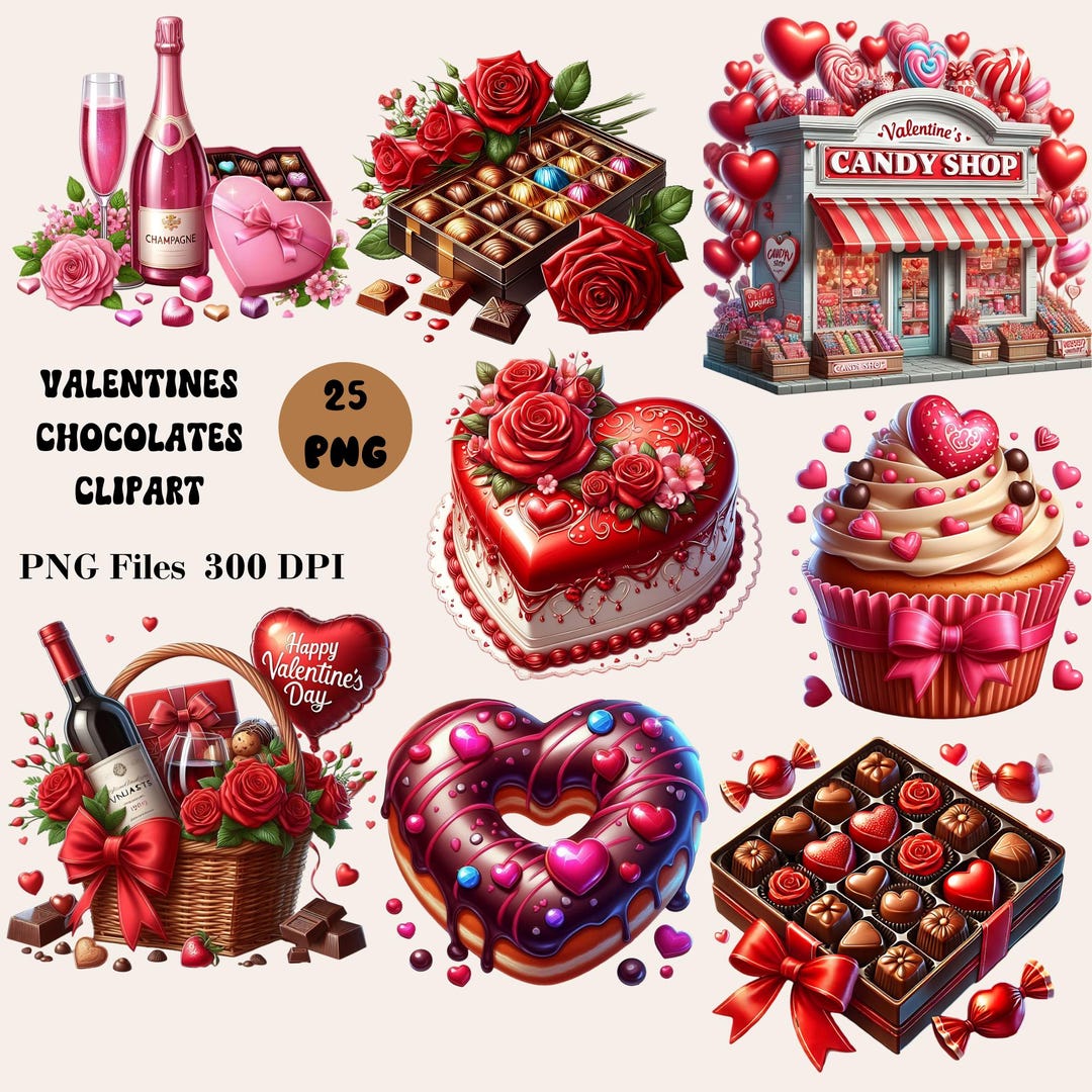 25 Valentines Chocolates Clipart, Valentine's Day Candy Clipart, Candy ...