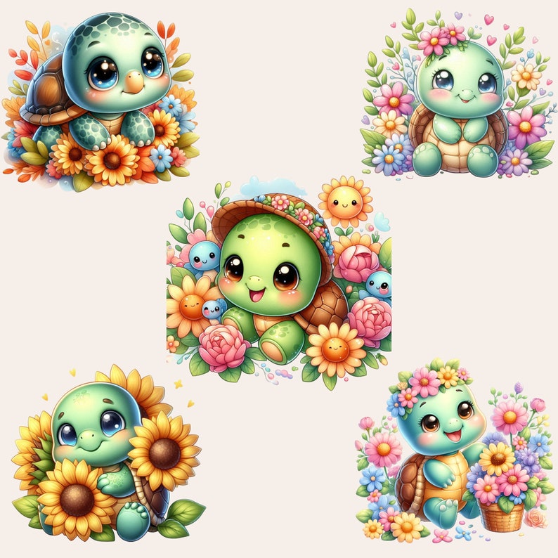 27 Baby Turtle With Flowers Clipart, Floral Baby Turtle Clipart, Cute ...