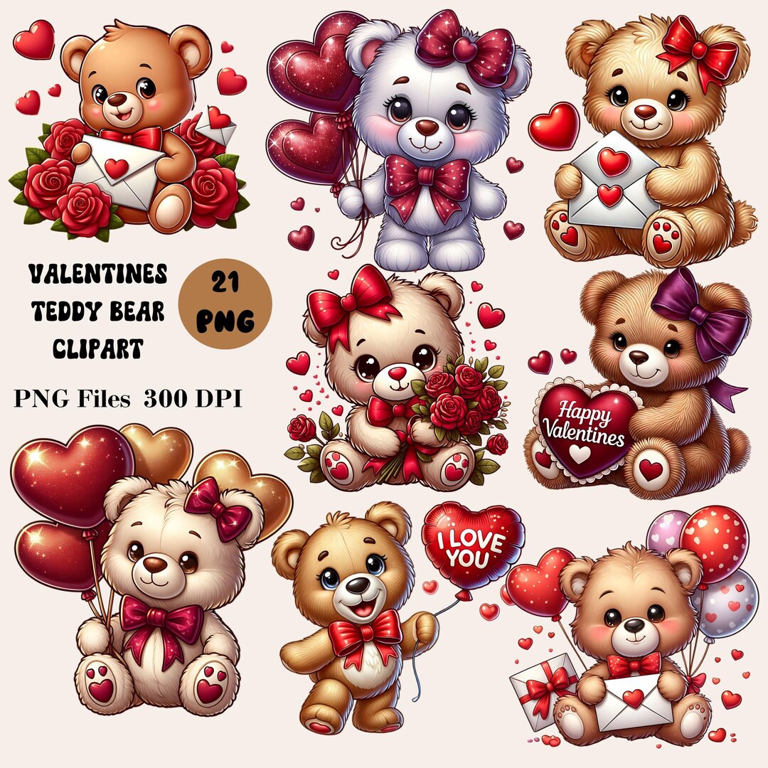 21 Valentines Teddy Bear Clipart, Valentine's Day Clipart, Love Bears ...
