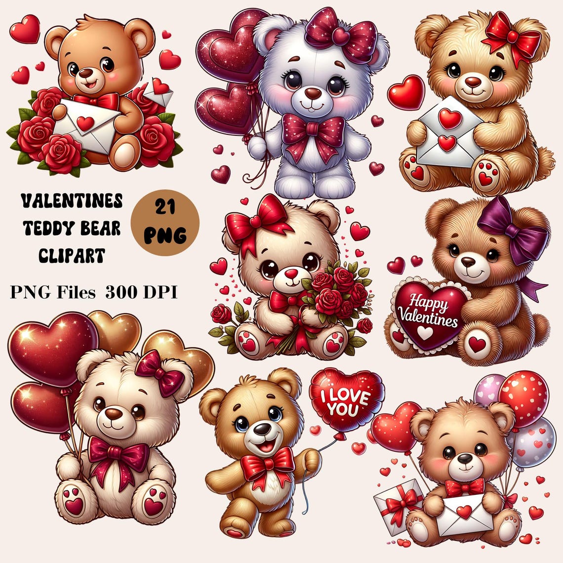 21 Valentines Teddy Bear Clipart, Valentine's Day Clipart, Love Bears ...