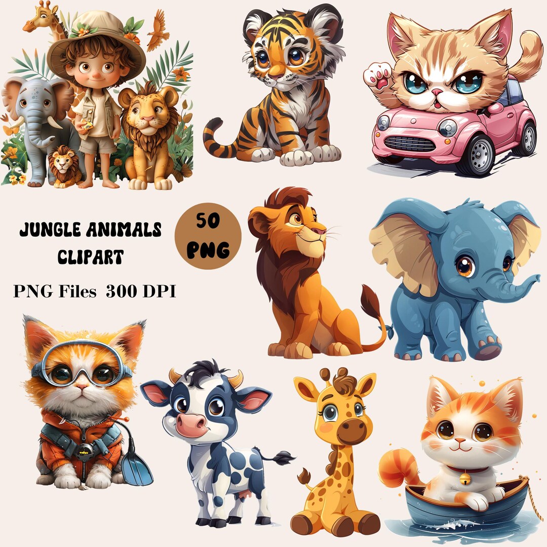 50 Jungle Animals Clipart Bundle, Jungle Animals PNG, Funny Animals ...