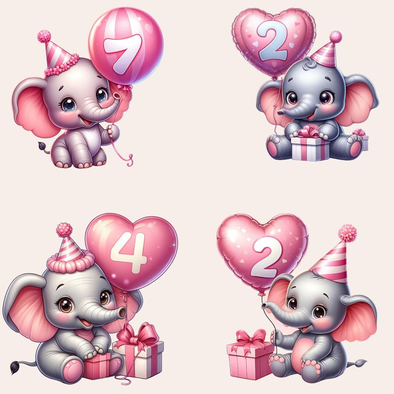 23 Birthday Elephant Clipart, Pink Elephant Clipart, Cute Elephant With ...