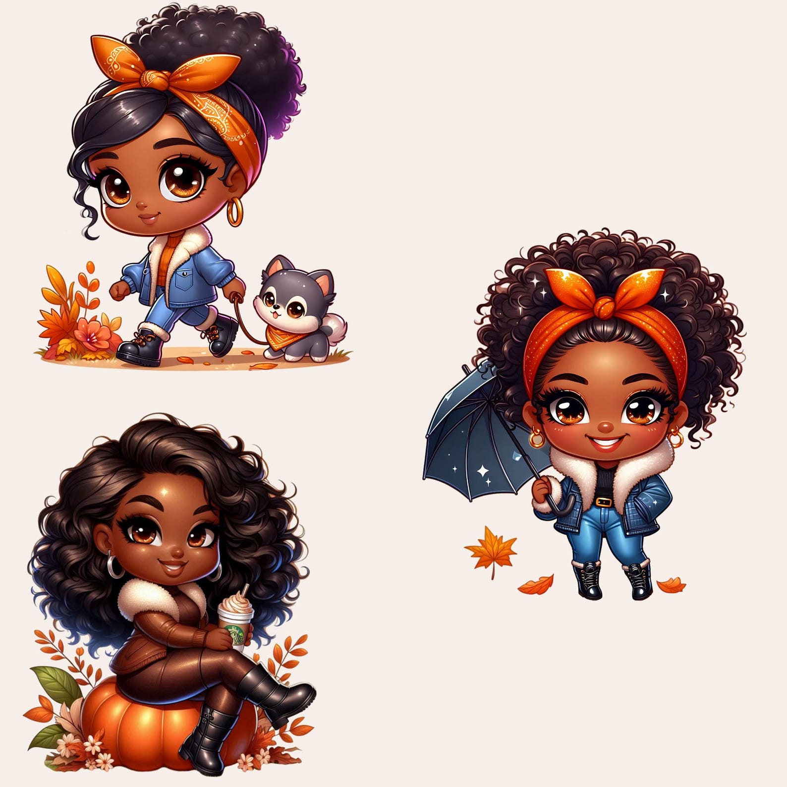 16 Autumn Chibi Girl Clipart, Chibi Black Girl Clipart, Afro American ...
