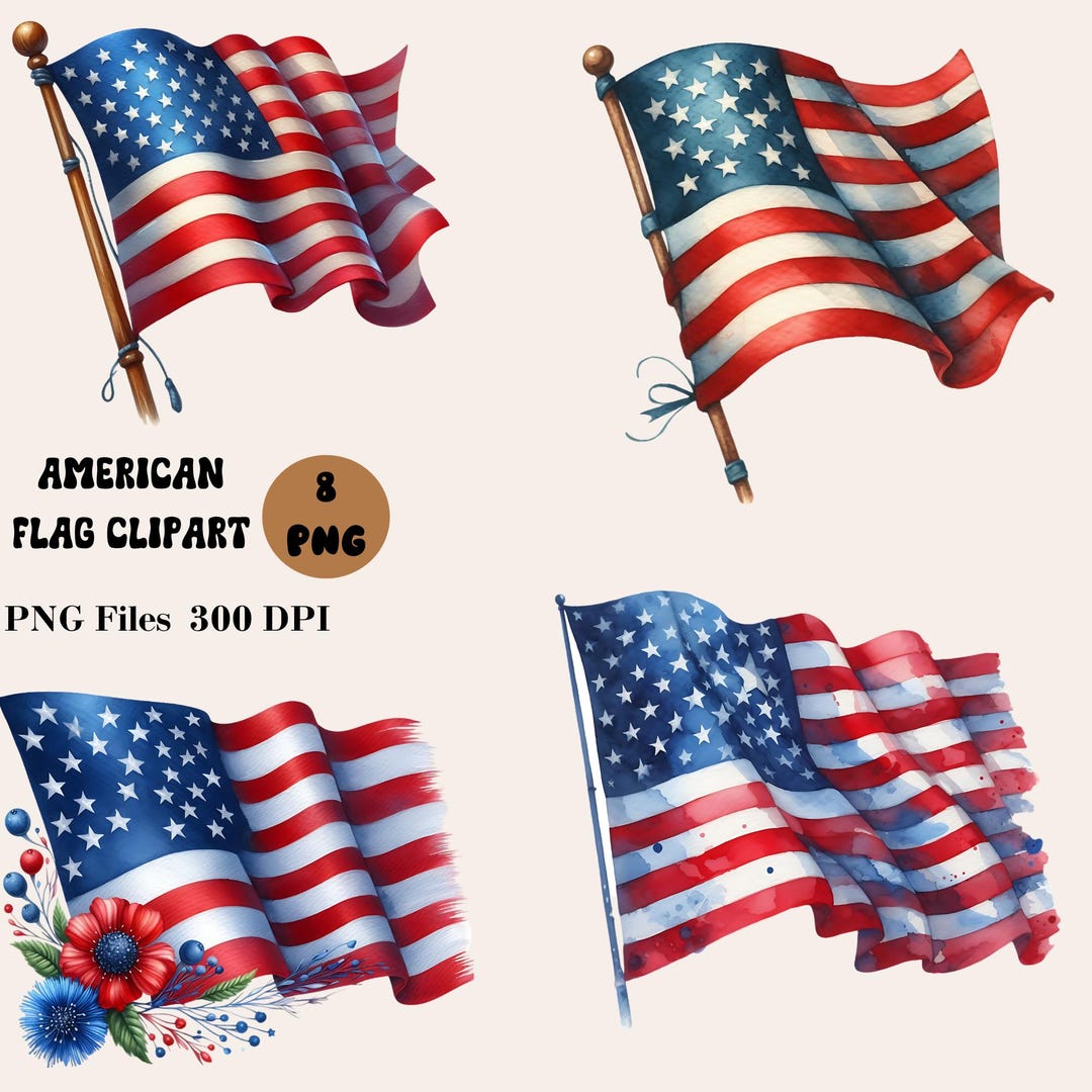 8 American Flag Clipart, 4th of July Flag Clipart, Independence Day ...