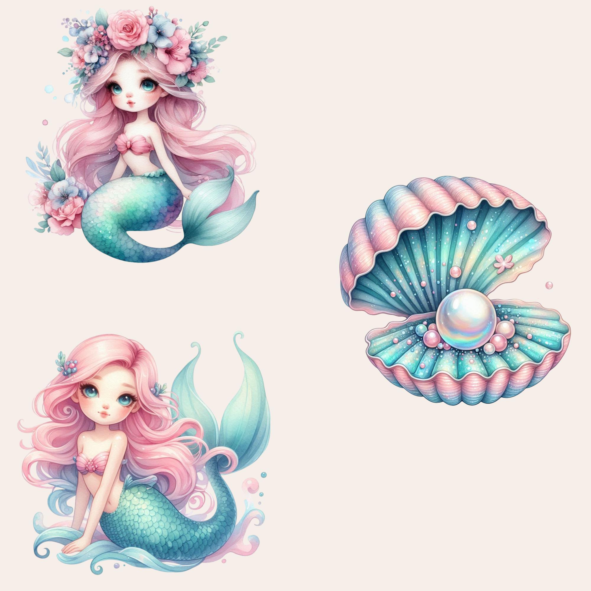 24 Little Mermaid Clipart, Cute Mermaid PNG, Under the Sea Clipart ...