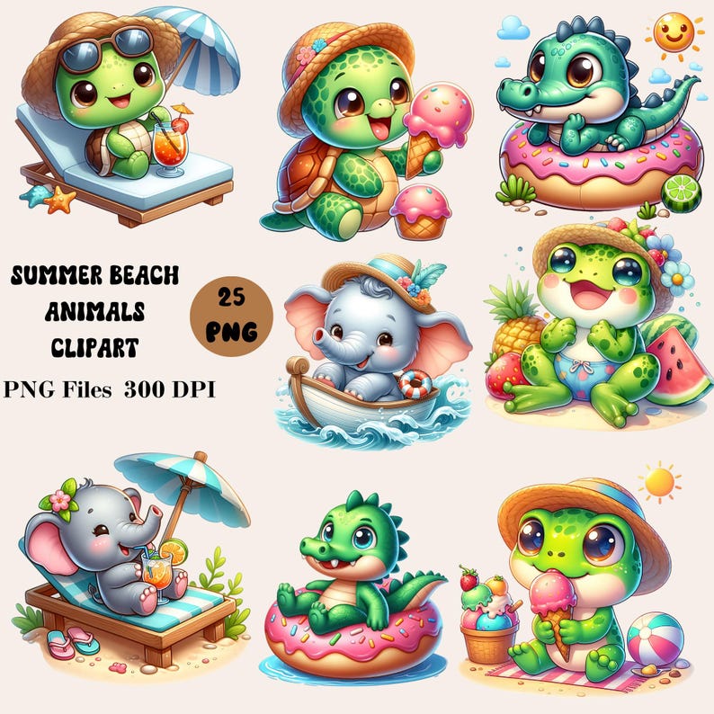 Summer Beach Animals Clipart, Summer Animals PNG, Summer Clipart Bundle ...