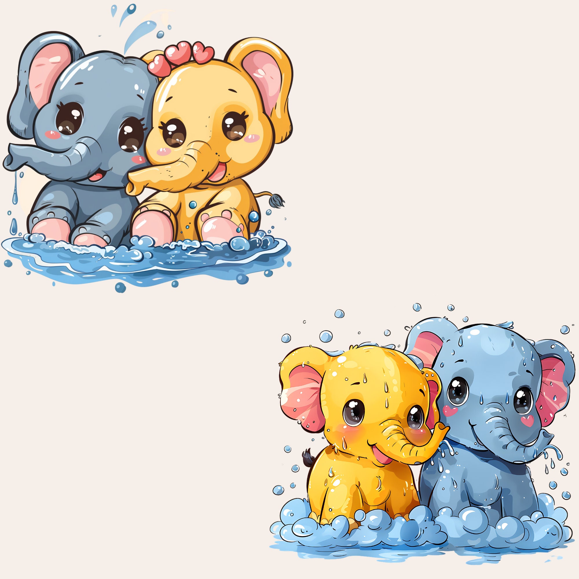 12 Kawaii Elephant Clipart Bundle, Kawaii Mommy and Baby Elephant PNG ...
