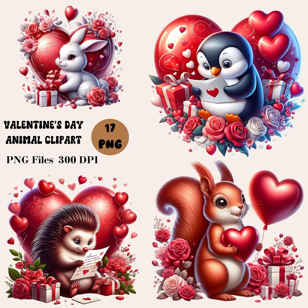 17 Valentine's Day Animals Clipart, Woodland Valentines Clipart, Love ...