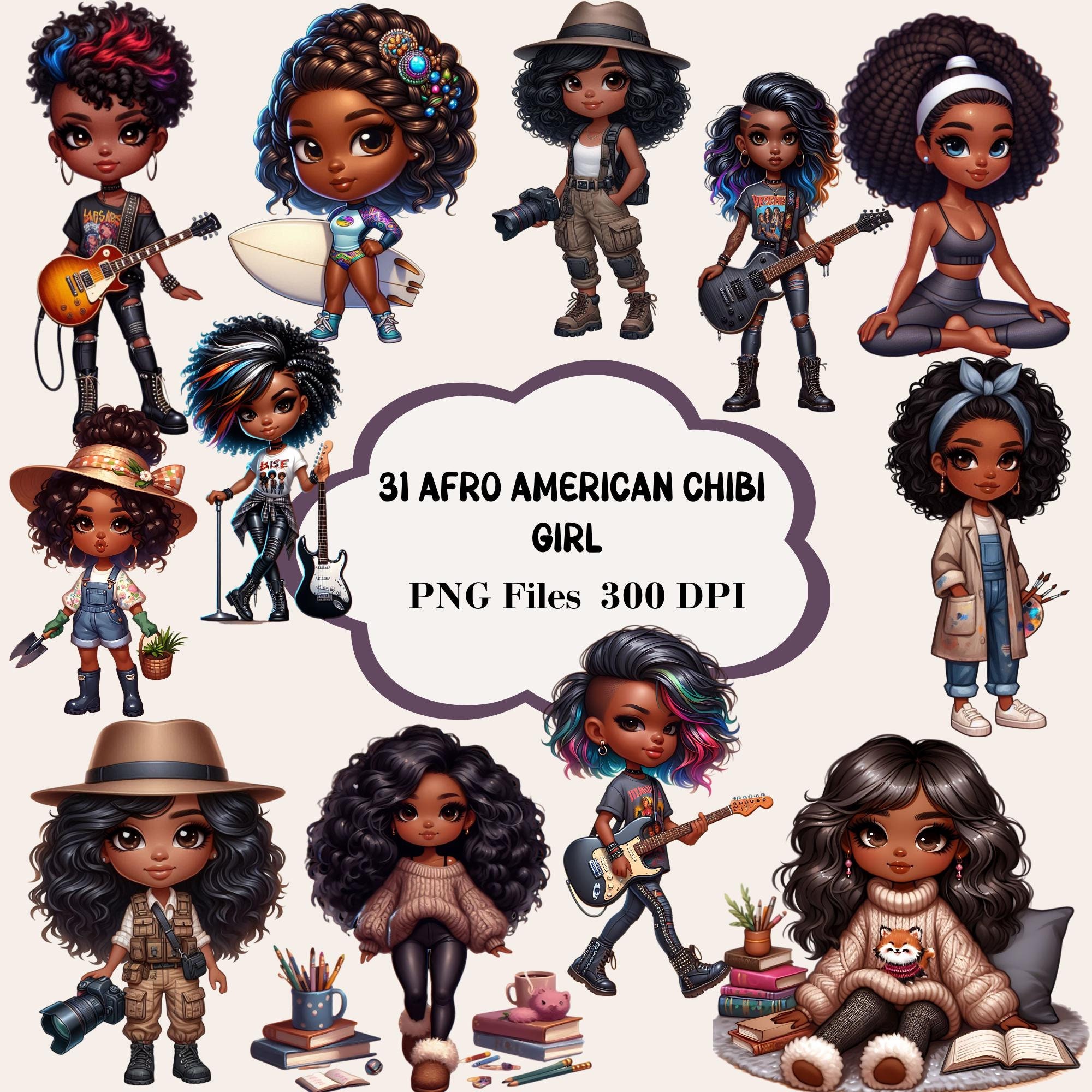 31 Afro American Chibi Girl Clipart, Chibi Doll Clipart, Black Chibi ...